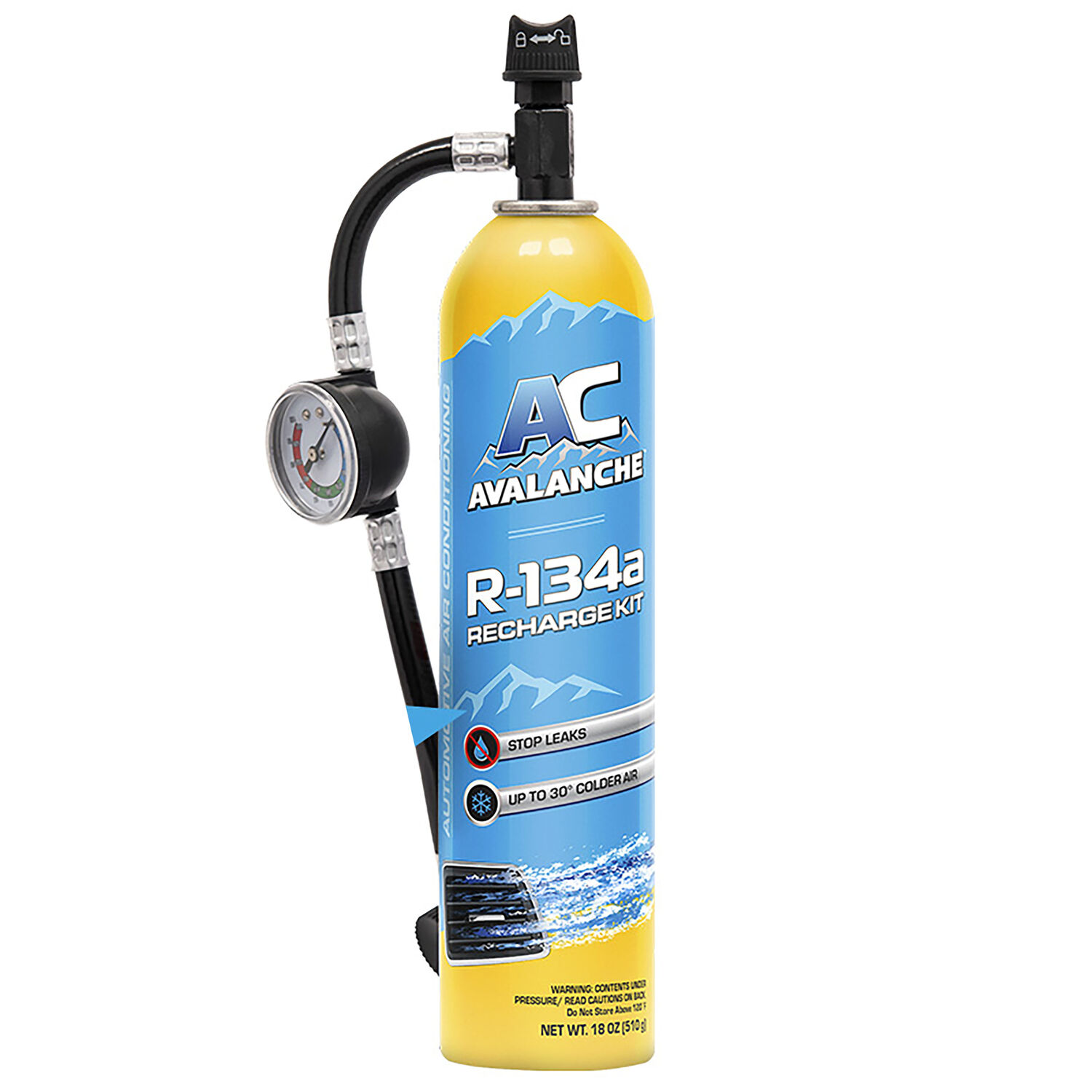 AC Avalanche Auto A/C 134a Refrigerant With In-Line Gauge - 18 oz.