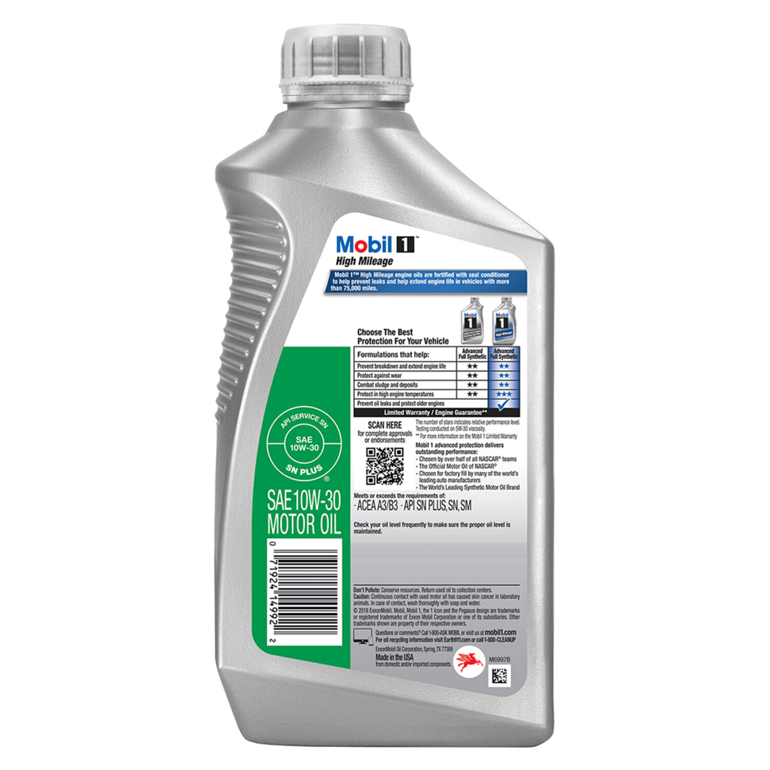 Mobil 1 High Mileage Full Synthetic Motor Oil SAE 10W-30, 1 Quart