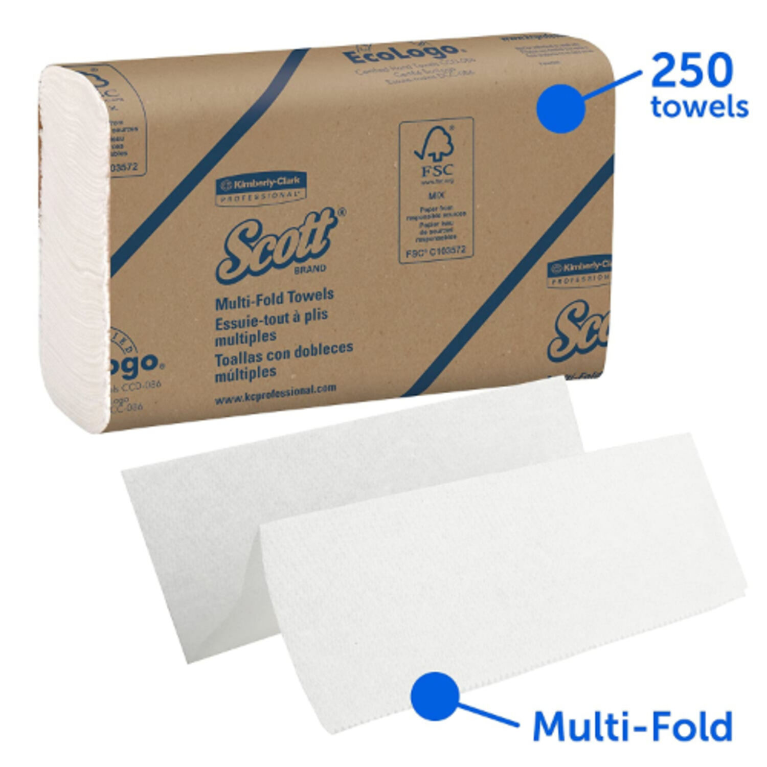Scott Essential Multi-Fold Towels, Convenience Case, White - 250 Count